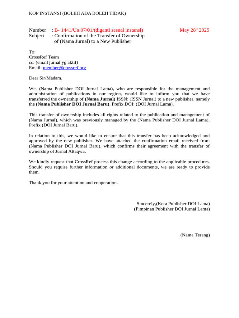 Contoh Surat Pindah DOI Ke Crosreff | PDF