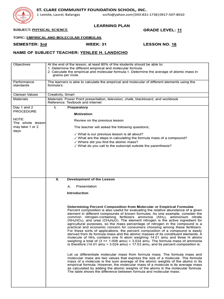 Learning Plan in Physical Science 11 Lesson 16 | PDF | Mole (Unit ...