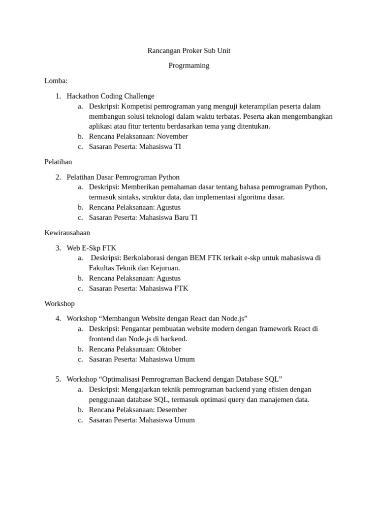 Rancangan Proker Sub Unit | PDF