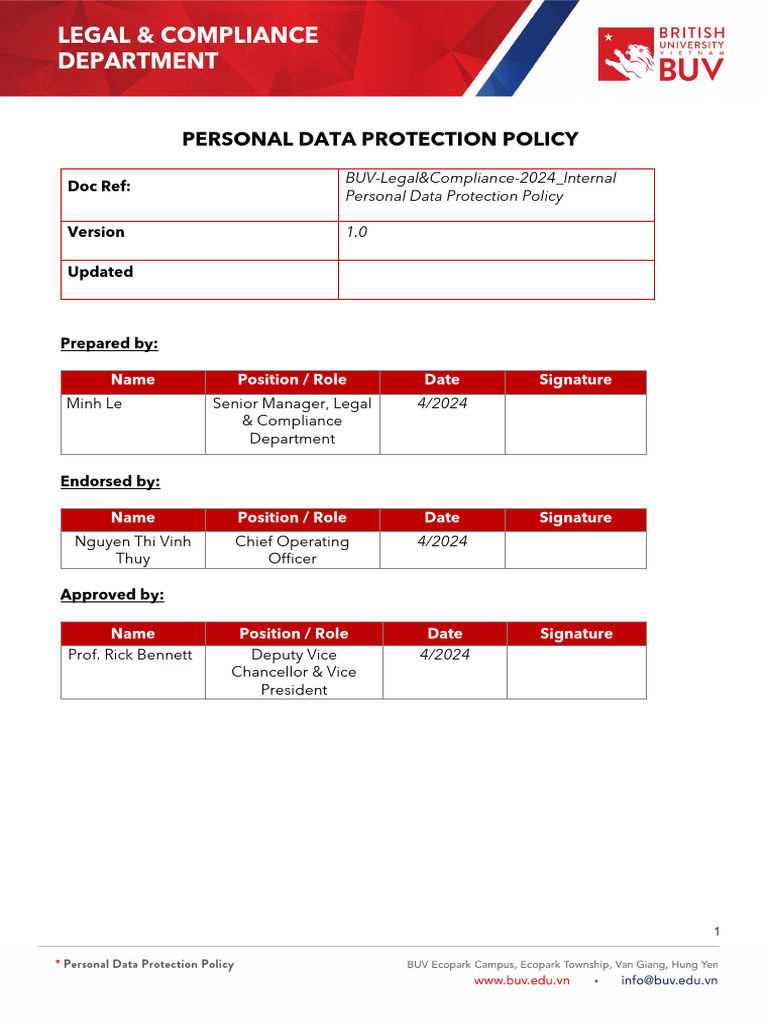 BUV Personal Data Protection Policy | PDF | Identity Document ...