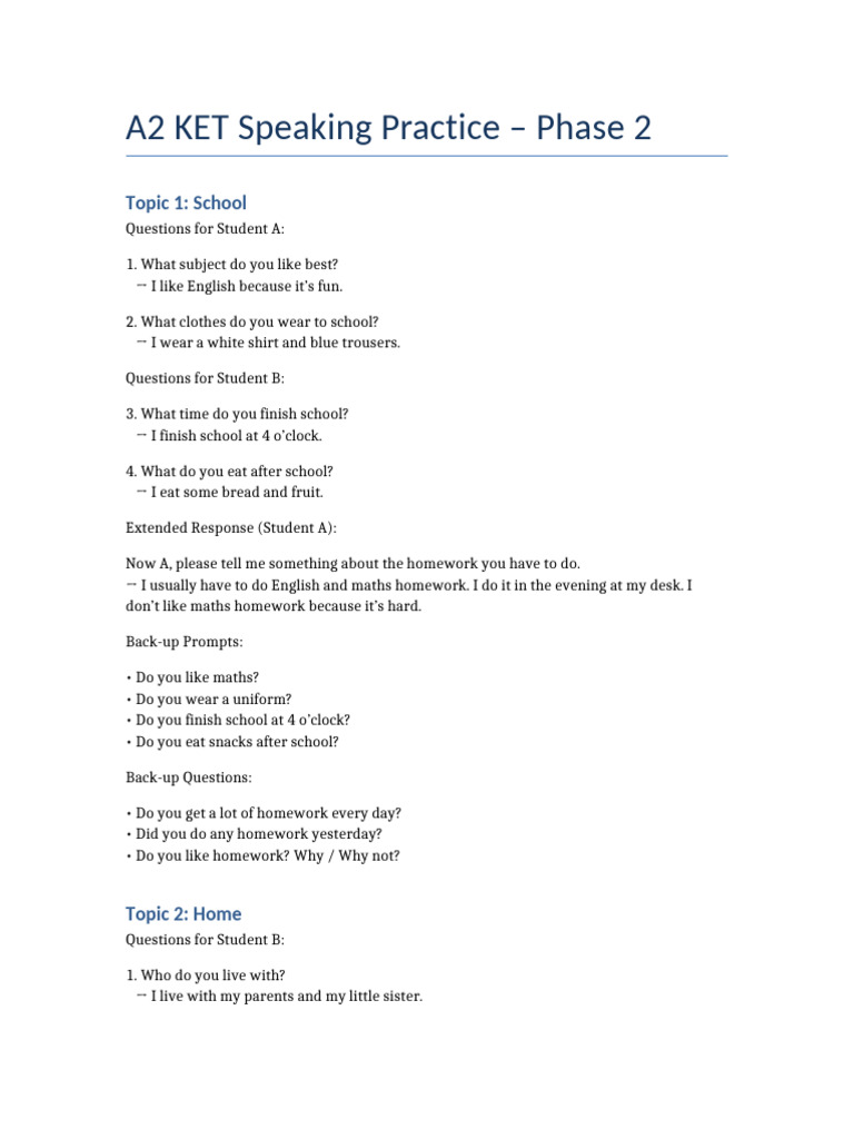 A2 KET Speaking Practice Phase 2 | PDF