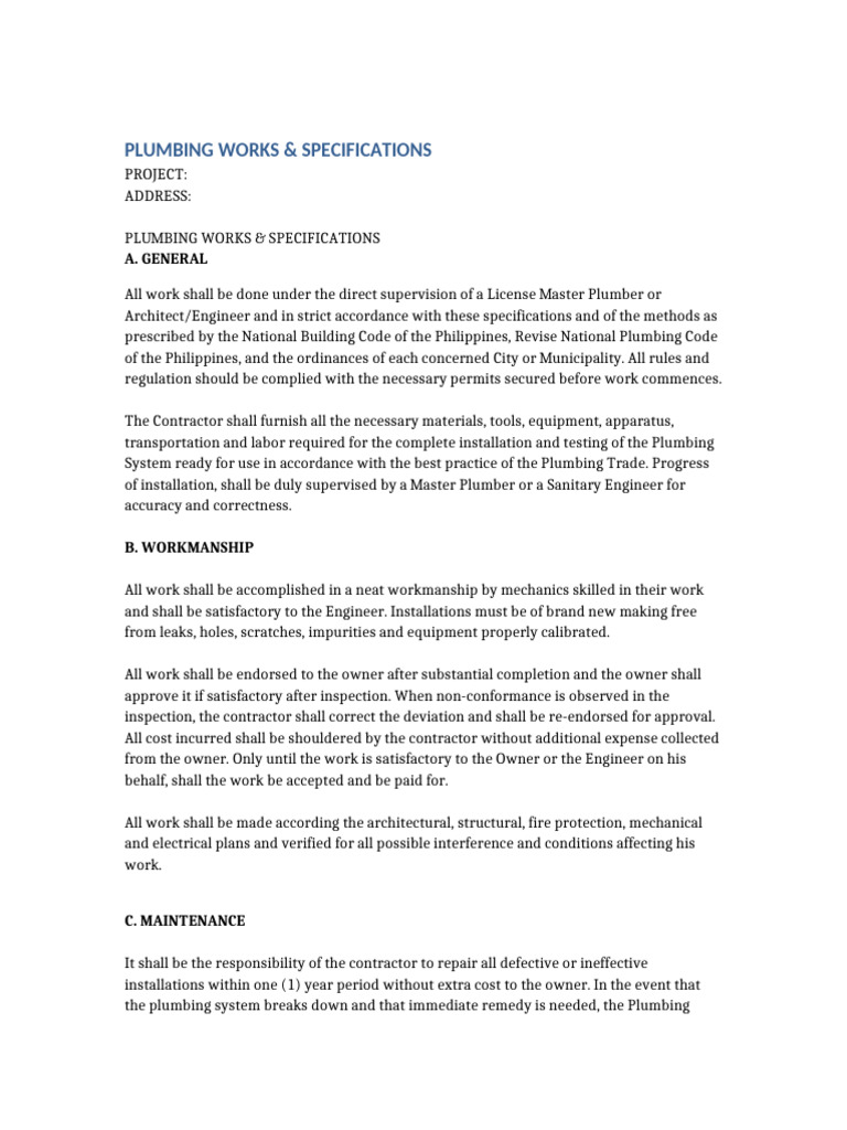 Plumbing Works Specifications Guide | PDF | Plumbing | Engineer