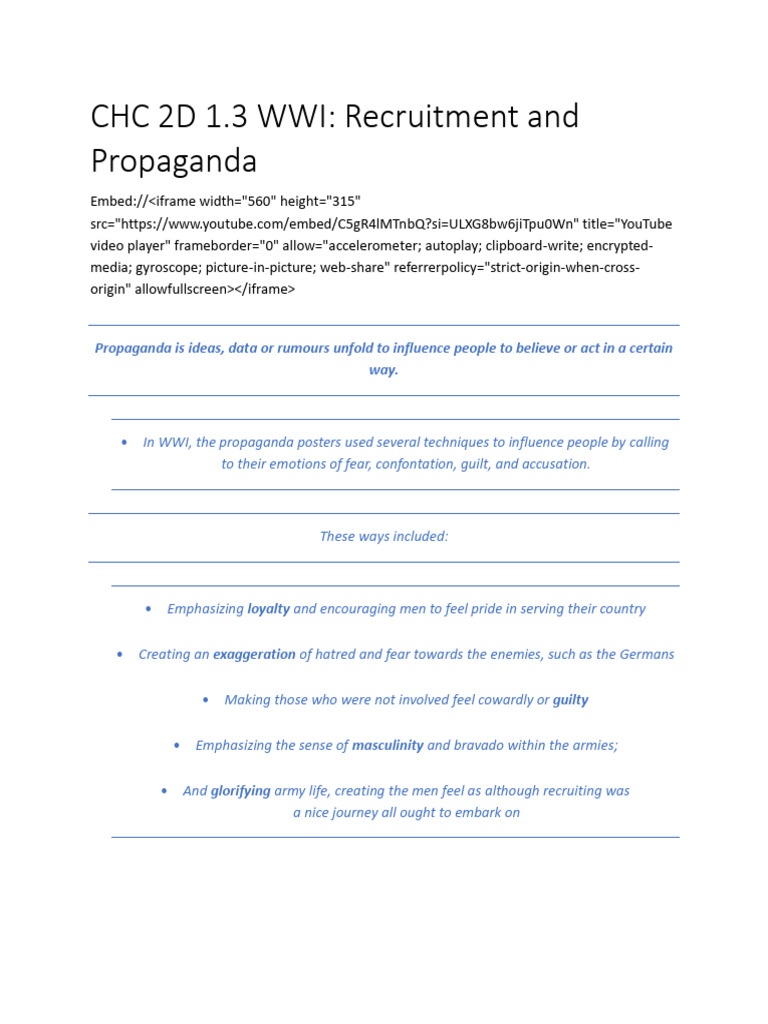 CHC 2D 1.3 WWI_ Recruitment and Propaganda | PDF | Propaganda ...