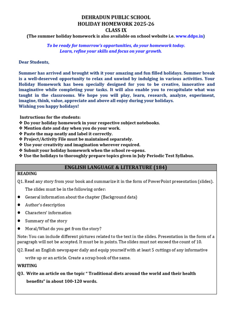 Class Ix Holiday Homework | PDF | Learning