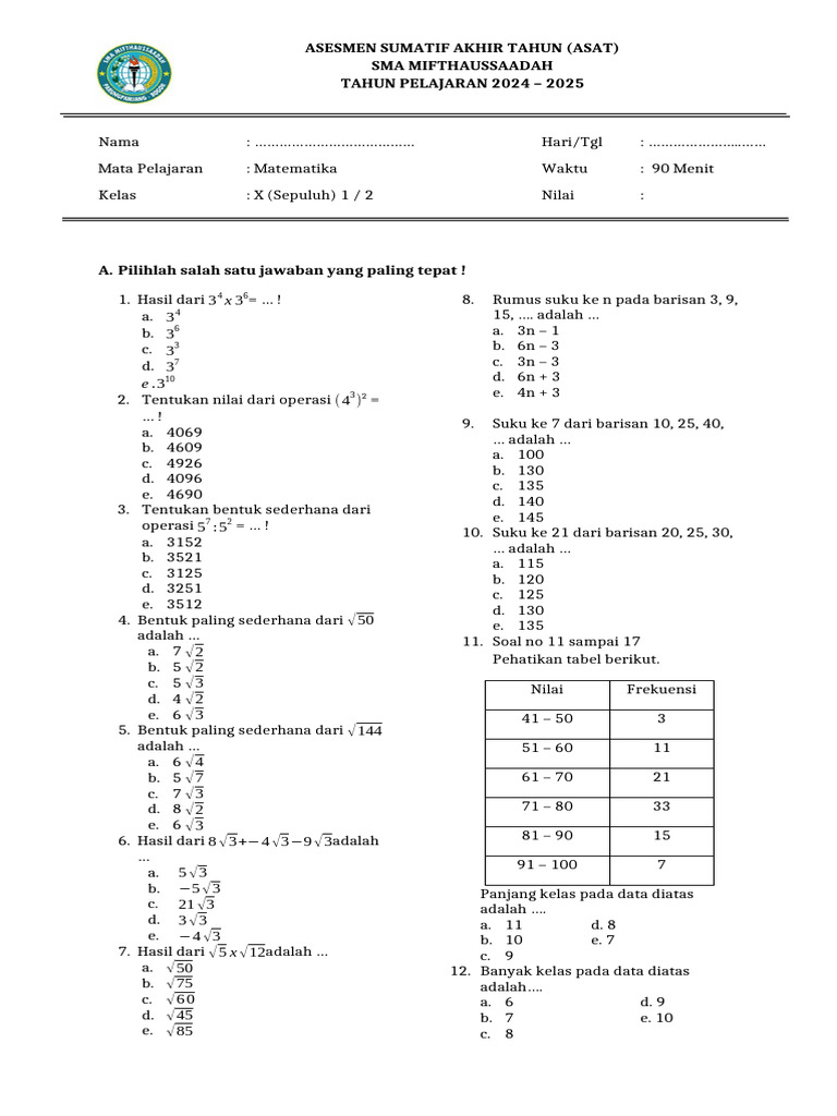 Soal Asat MTK Kelas X, Xi TP 2425 | PDF