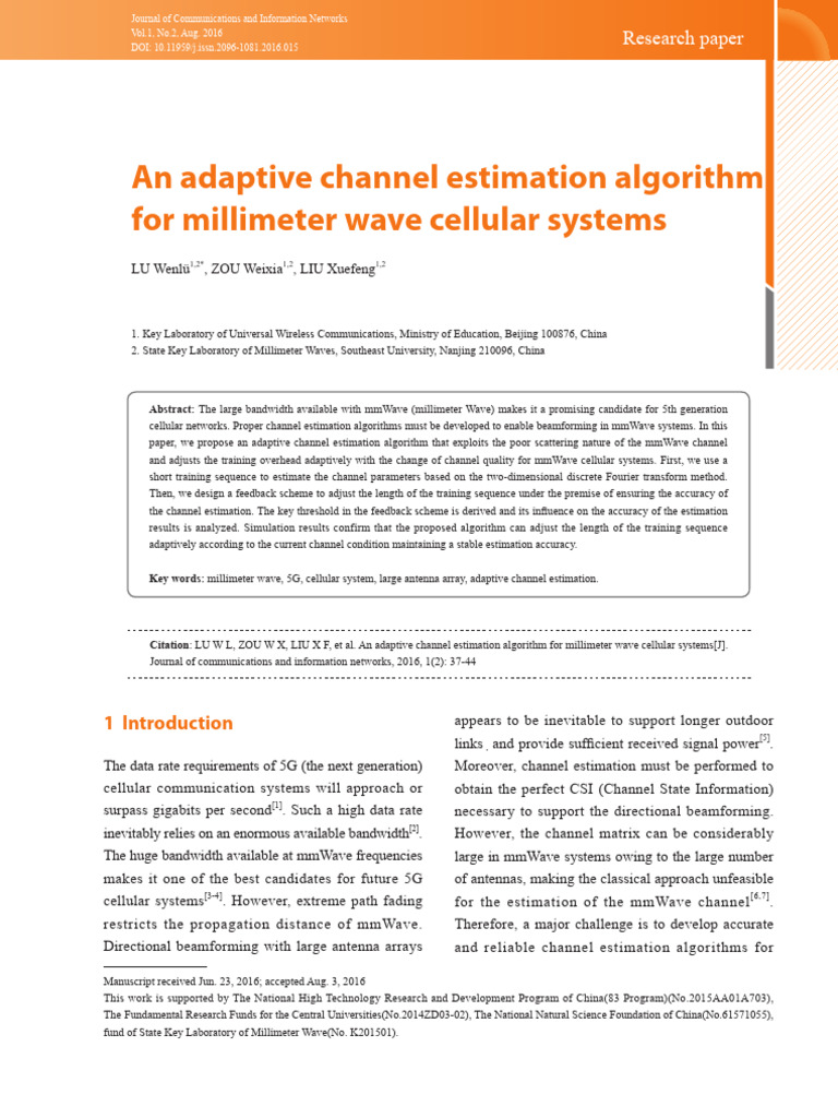 An Adaptive Channel Estimation Algorithm For Millimeter Wave Cellular Systems | PDF | Matrix ...