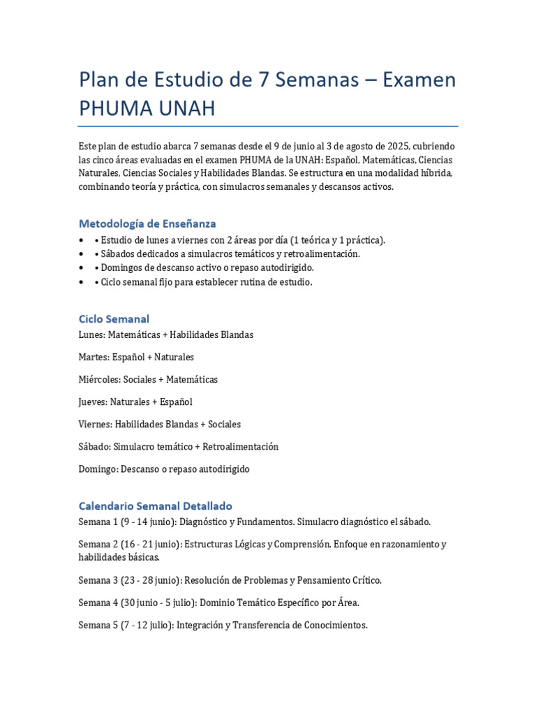 Plan de Estudio para Examen PHUMA UNAH | PDF