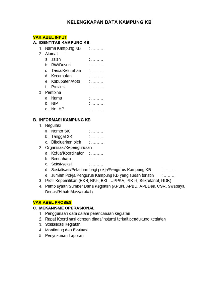 Contoh Data Kampung KB Lengkap | PDF