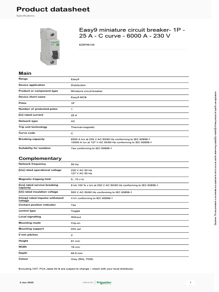 Easy9 MCB 25A Datasheet EZ9F56125 | PDF | Alternating Current ...