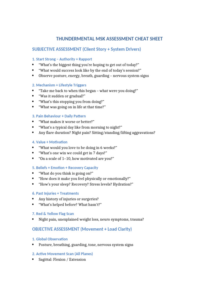 MSK Assessment Cheat Sheet Guide | PDF