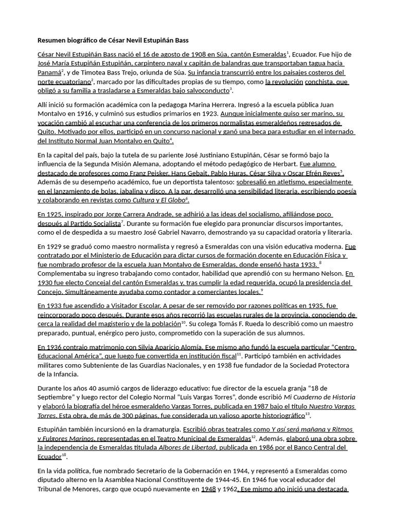 Resumen Biográfico de César Nevil Estupiñán Bass | PDF | Ecuador | Escuelas