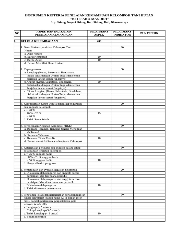 Kriteria Penilaian KTH Sako Mandiri | PDF