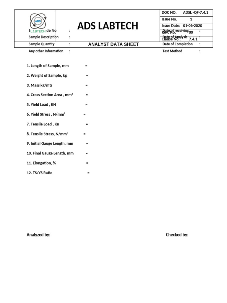 Material Testing Data Sheet | PDF