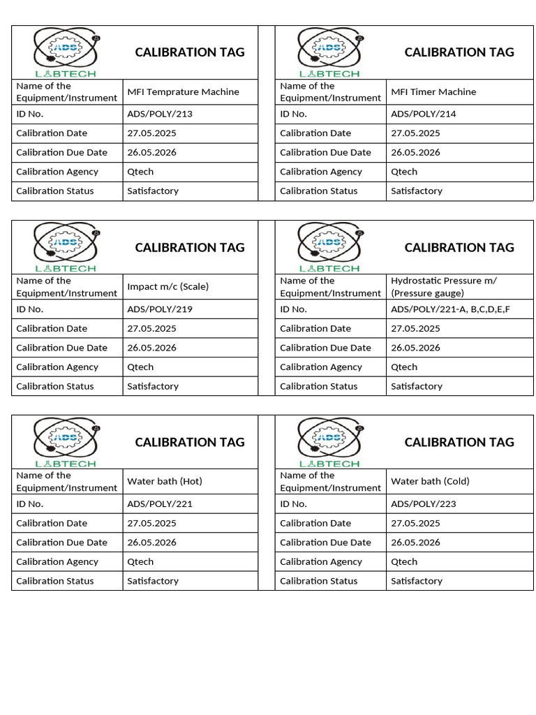 (Elec) Equipment Calibration Tag Final 01.01.2022 | PDF | Calibration ...