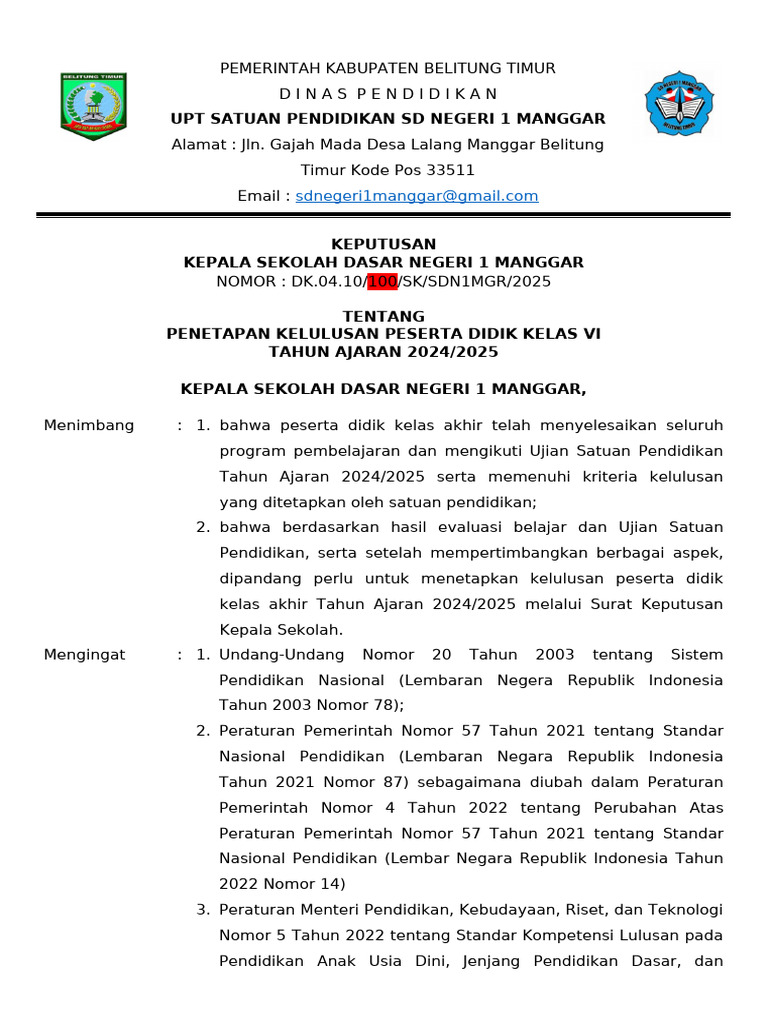 Contoh SK Kelulusan 2024-2025 | PDF