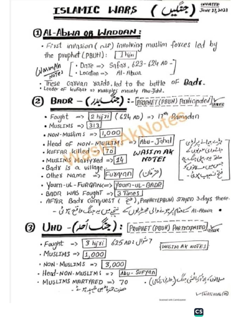 Battle of Islam, Pillars of Islam and Quran Important Notes | PDF