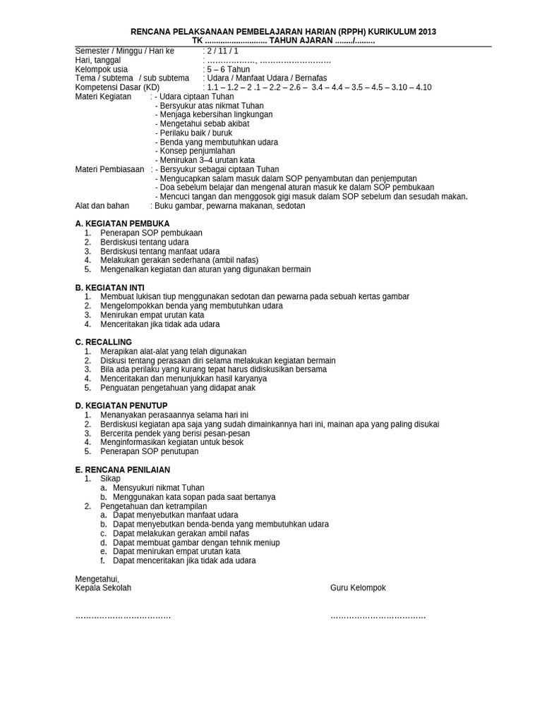 RPPH Tema Udara untuk TK 5-6 Tahun | PDF