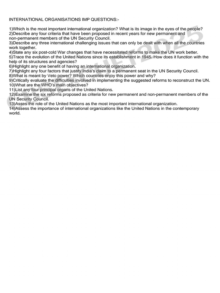 International Organisations Imp Questions | PDF