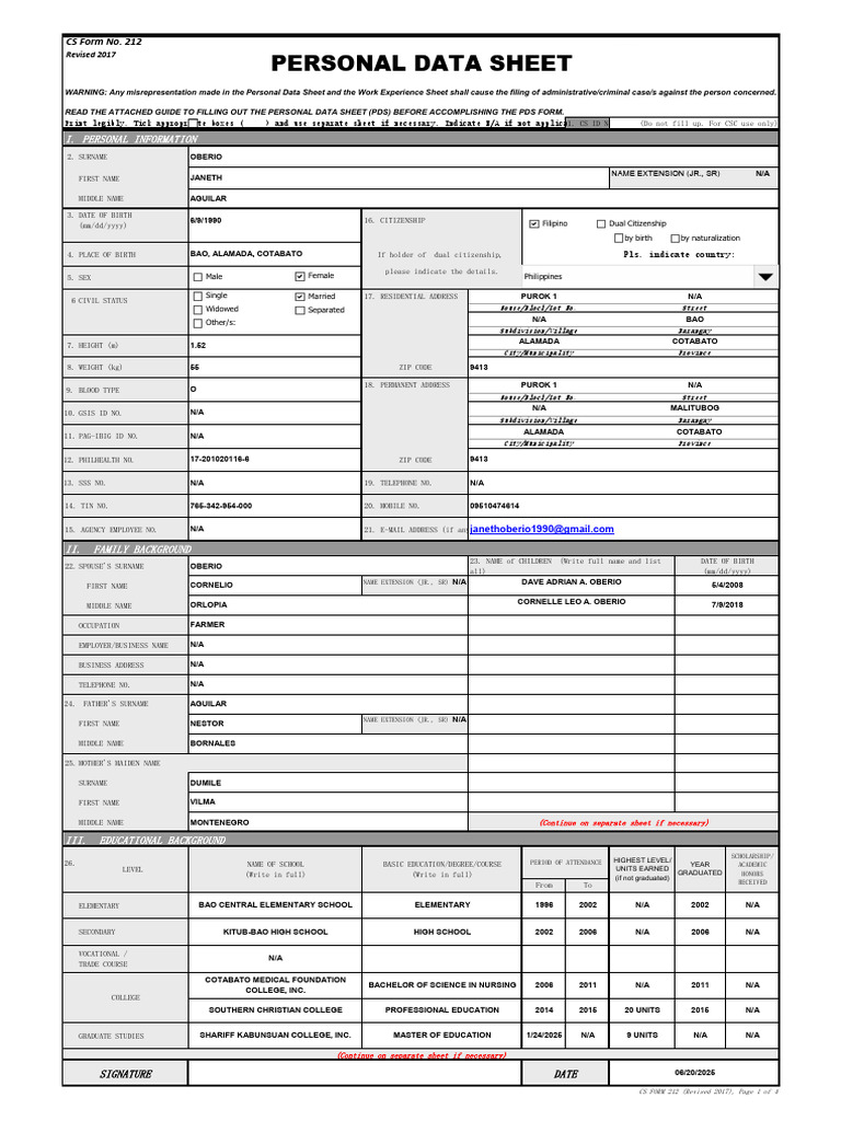 Personal Data Sheet CS Form 212 2025 | PDF | Government | Justice