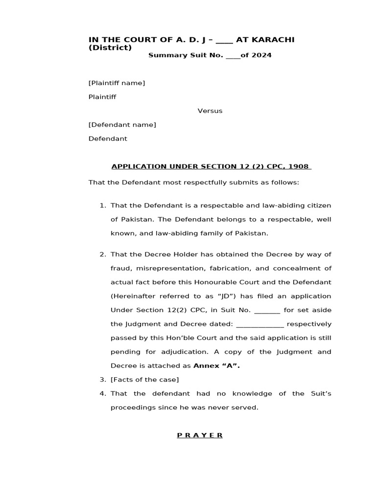 Section 12(2) CPC Application Format | PDF | Affidavit | Public Law