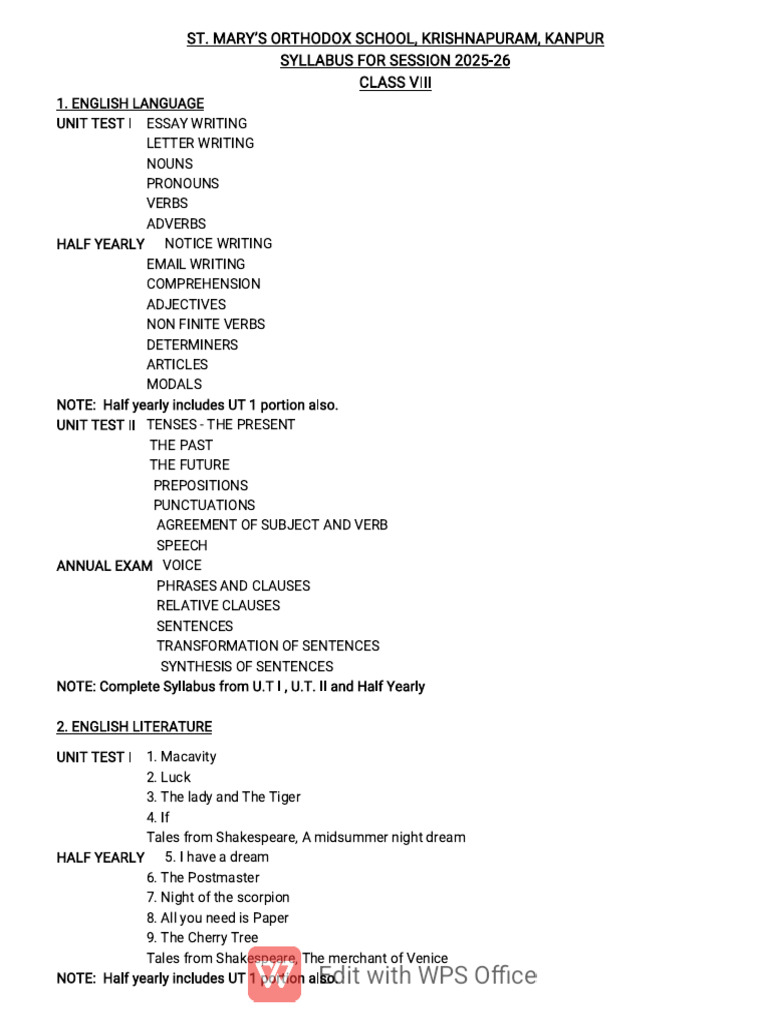 Class 8 Syllabus 2025-26 Overview | PDF | Verb | English Language