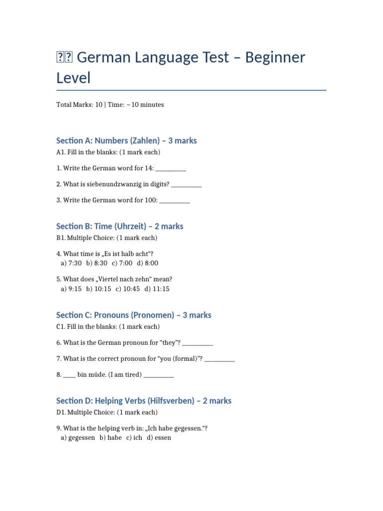 German Language Test for Beginners | PDF