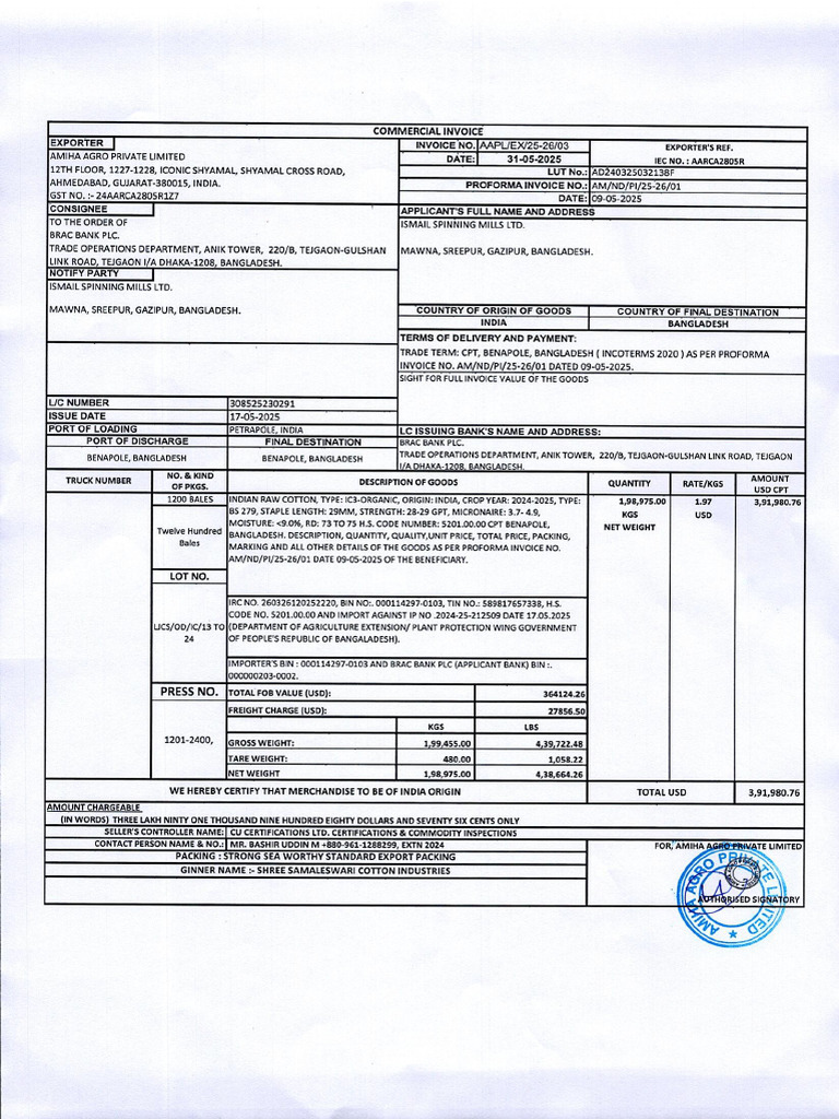 Final Commercial Invoice and Packing List Ex 17 | PDF