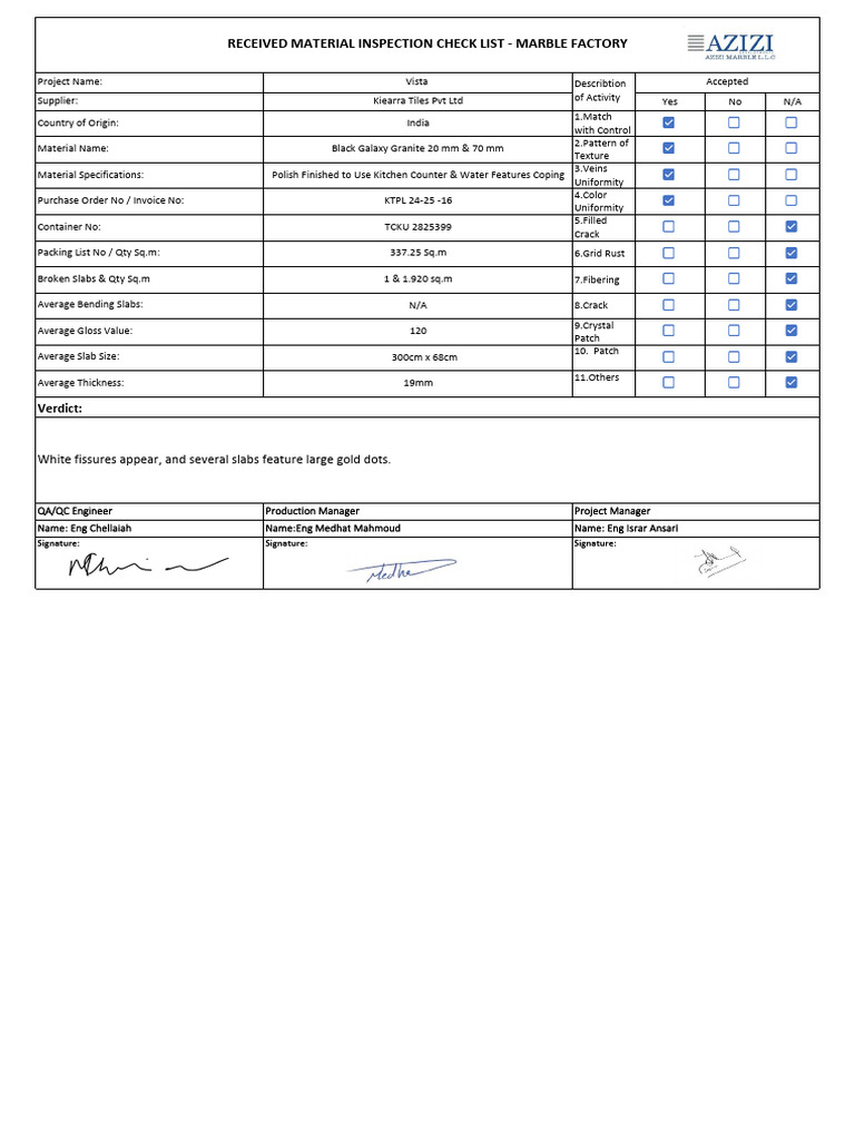 Received Material Inspection Checklist Azizi Vista Beach Oasis 009 ...