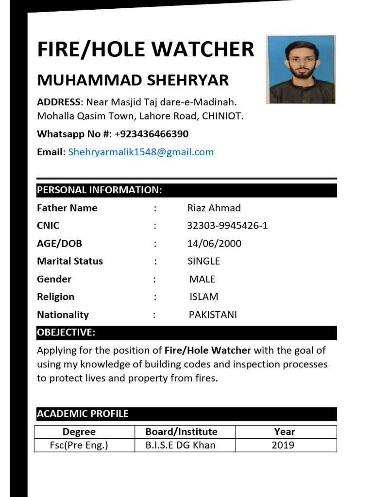 Fire/Hole Watcher Resume of Muhammad Shehryar | PDF