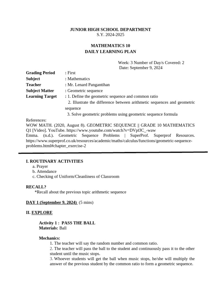DLP in Geometric Sequence Day 1 and 2 | PDF | Mathematics