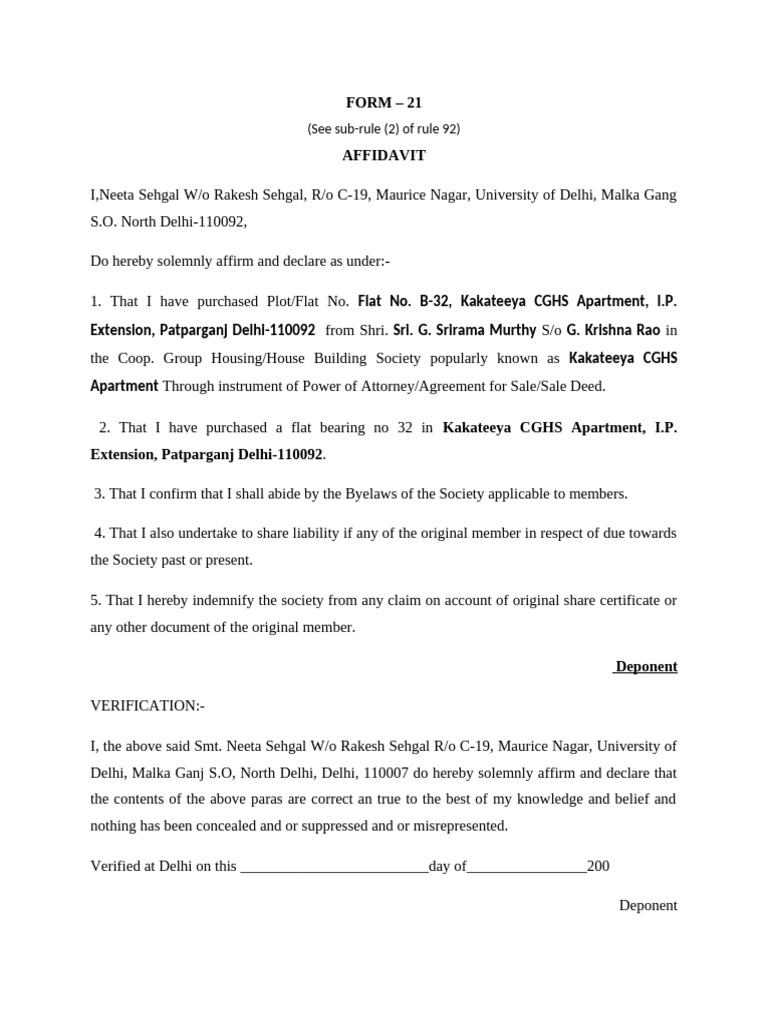 Affidavit for Flat Purchase in Delhi | PDF