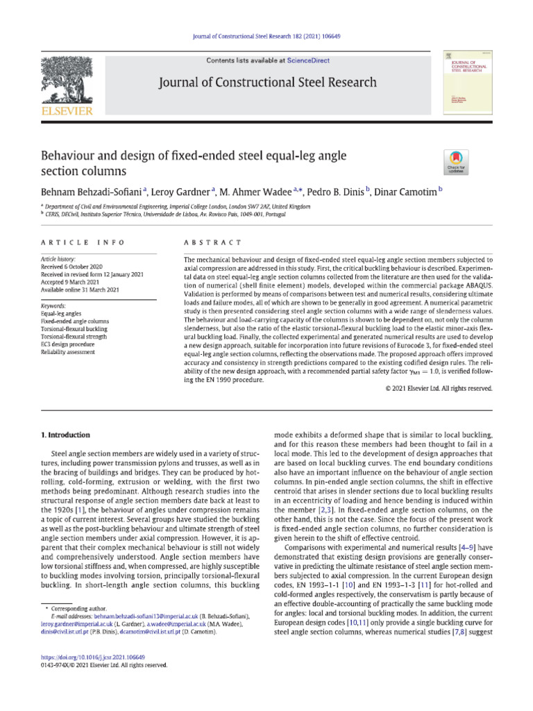 Behaviour and Design of Fixed Ended Steel Equal Leg Angle-L Gardener | PDF