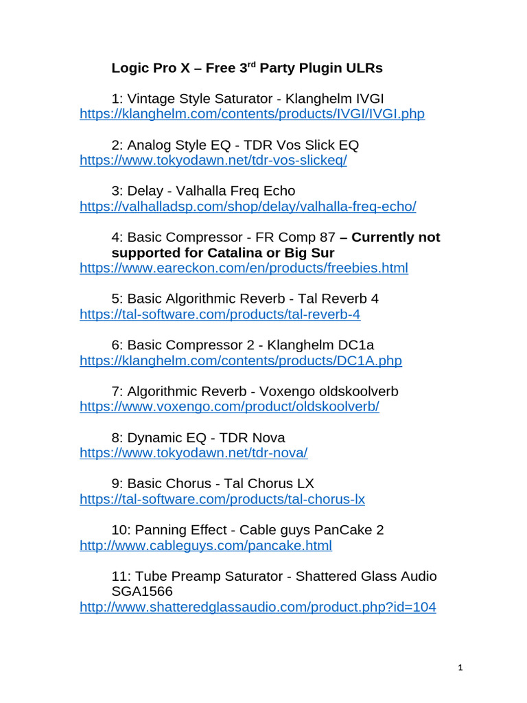 Free Logic Pro X 3rd Party Plugins List | PDF