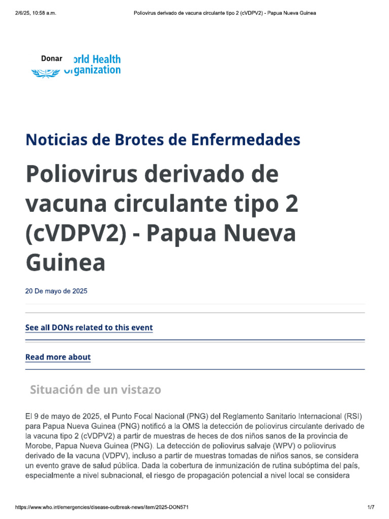 Poliovirus Derivado de Vacuna Circulante Tipo 2 (cVDPV2) - Papua Nueva ...