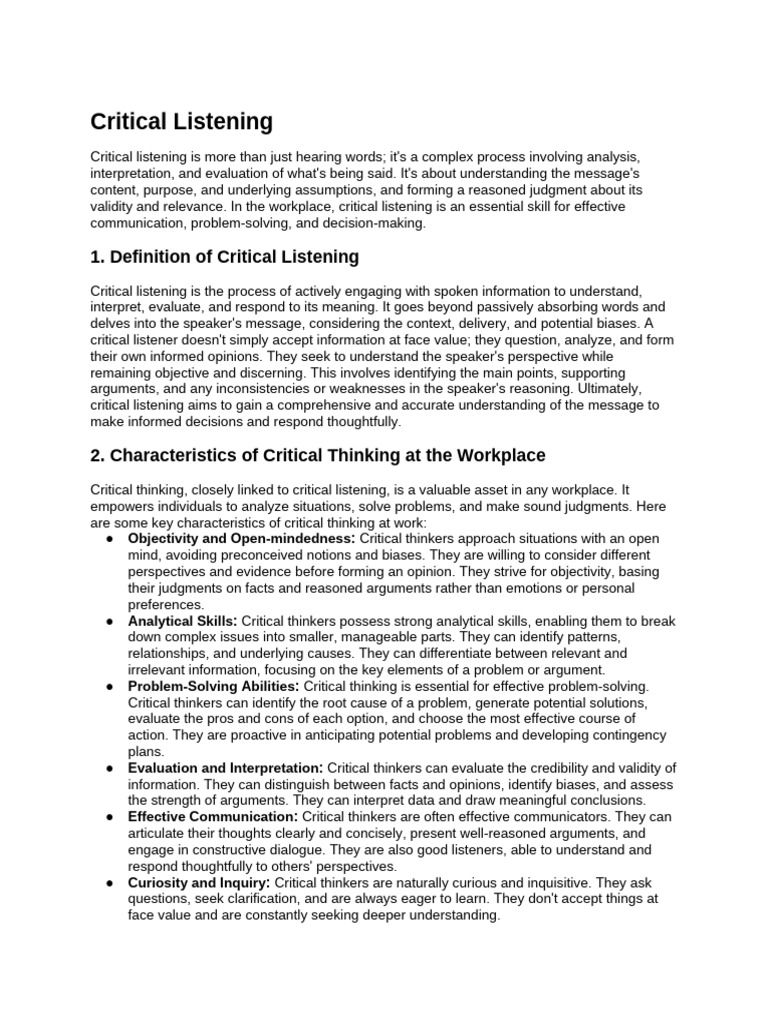 Critical Listening - 1. Definition - 2. Characterist... | PDF ...