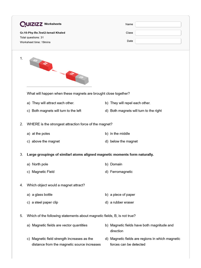 Grade 10 Physics Magnetism Worksheet | PDF | Magnet | Magnetic Field