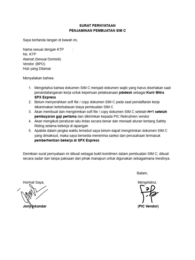 Surat Pernyataan Penjamin Pembuatan Simc-Kepri | PDF