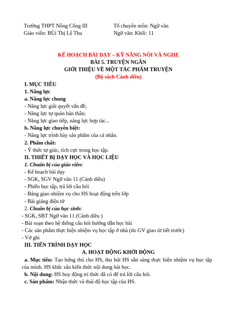 Bài 5 KHBD NG Văn 11 Nói Nghe | PDF