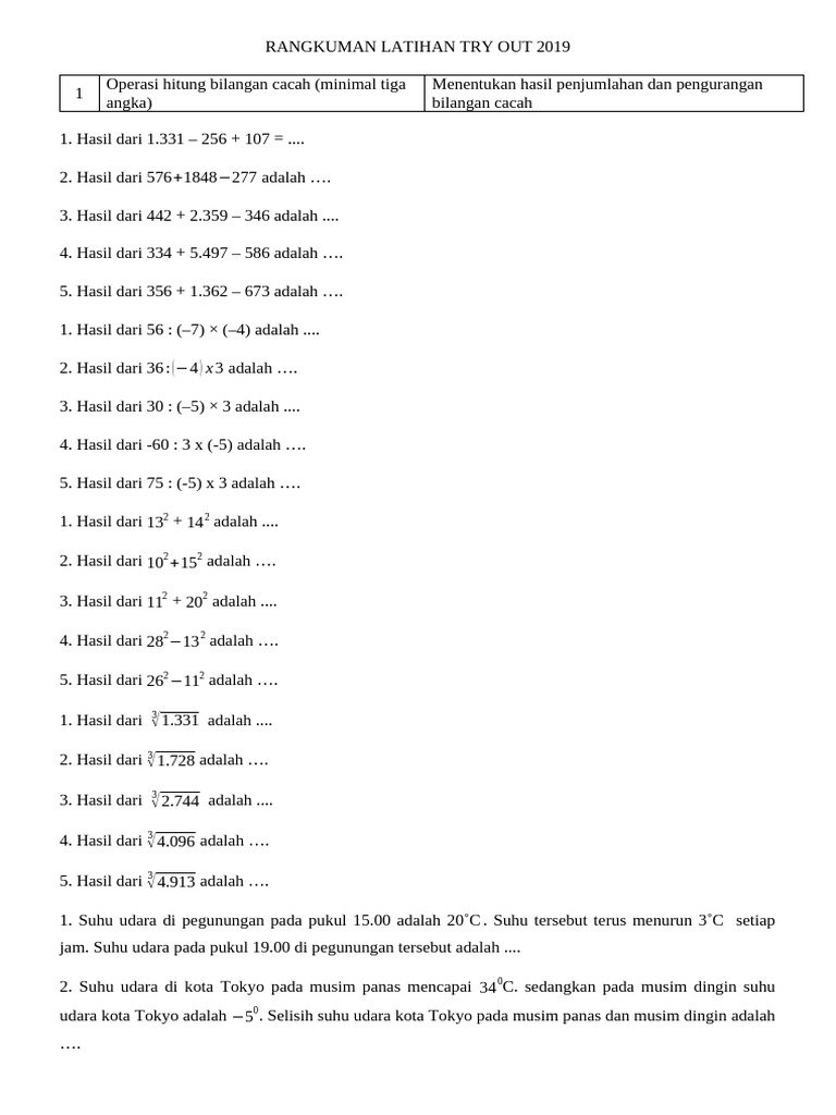 Rangkuman Latihan Try Out MTK 2019 Editan | PDF