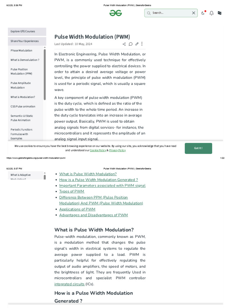 Pulse Width Modulation (PWM) - GeeksforGeeks | PDF | Modulation | Electricity