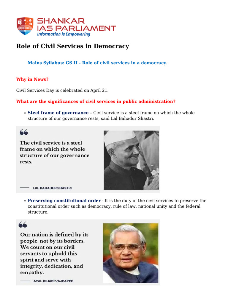 Civil Services' Role in Indian Democracy | PDF | Civil Service ...