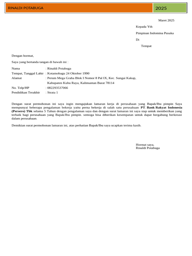 Lamaran & CV Rinaldi Potabuga | PDF