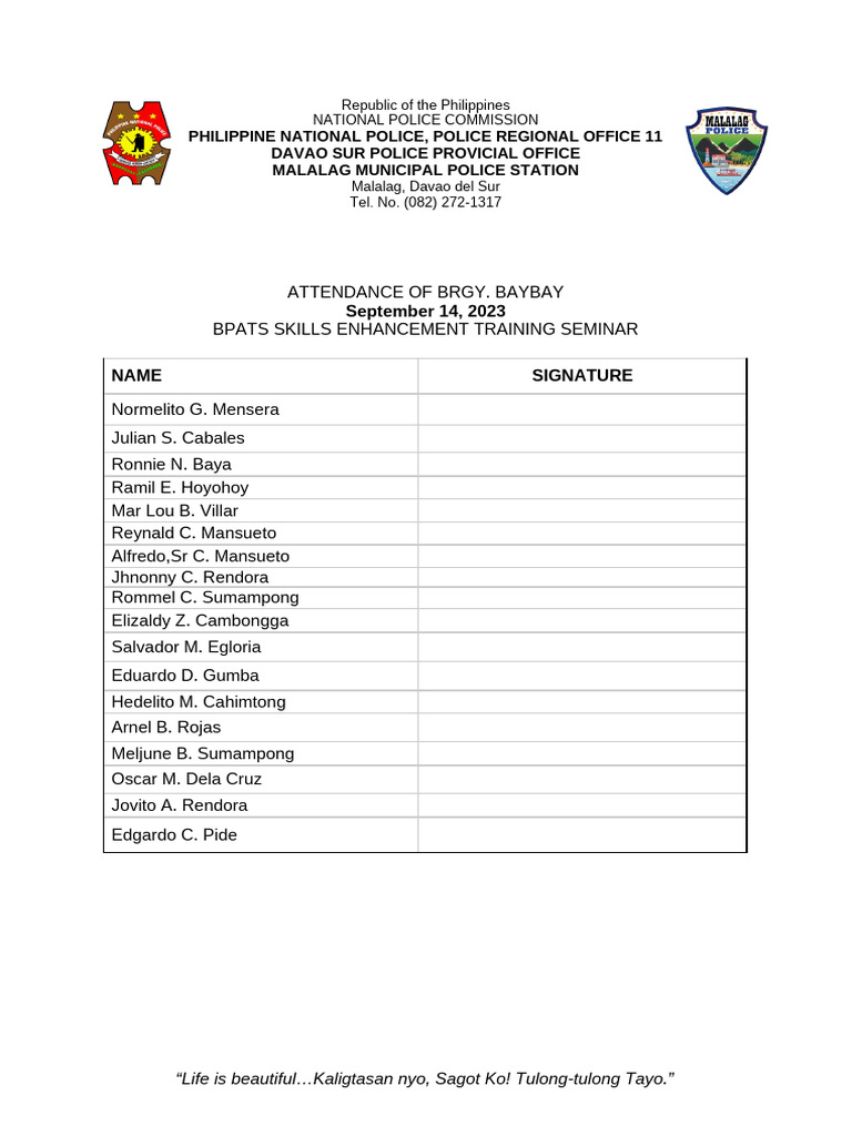 Baybay Bpats Training Attendance Per Barangay SGLG | PDF