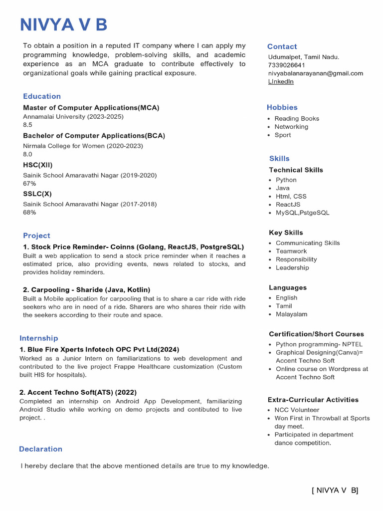 Nivya Resume | PDF