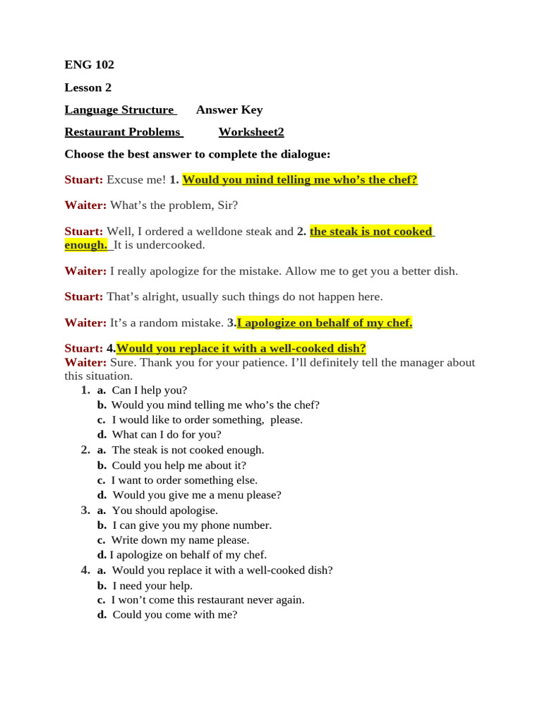 ENG 102 Lesson 2 Worksheet2 Answerkey | PDF