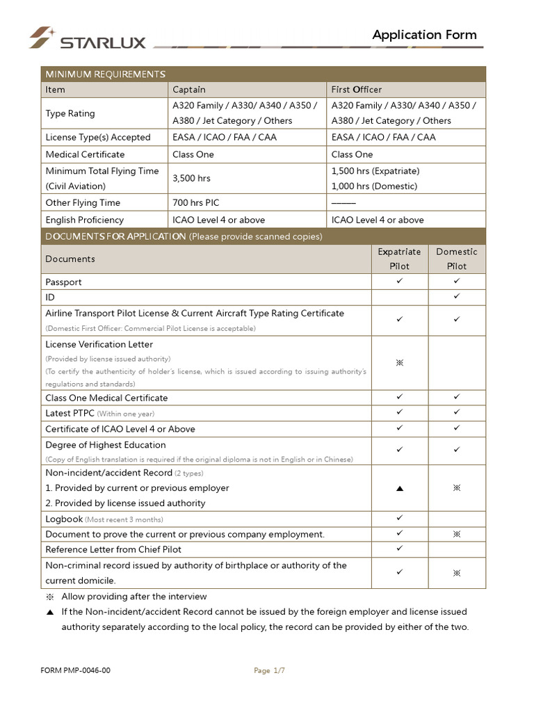 STARLUX Pilot Application Form | PDF | Federal Aviation Administration ...