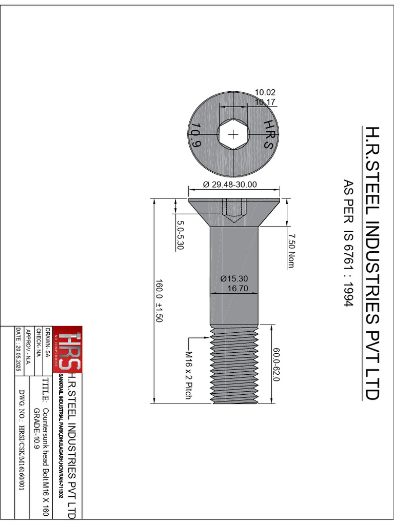 M16 Countersunk Bolt Drawing | PDF