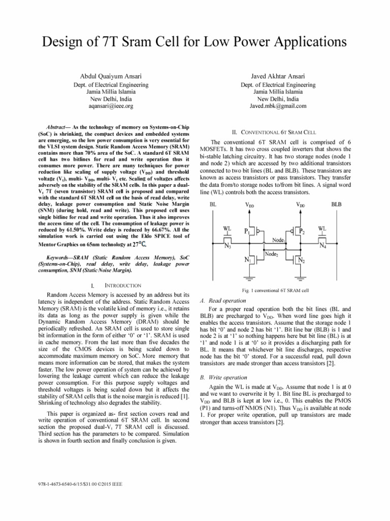 Design of 7T Sram Cell For Low Power Applications | PDF | Computer Memory | Electronic Circuits