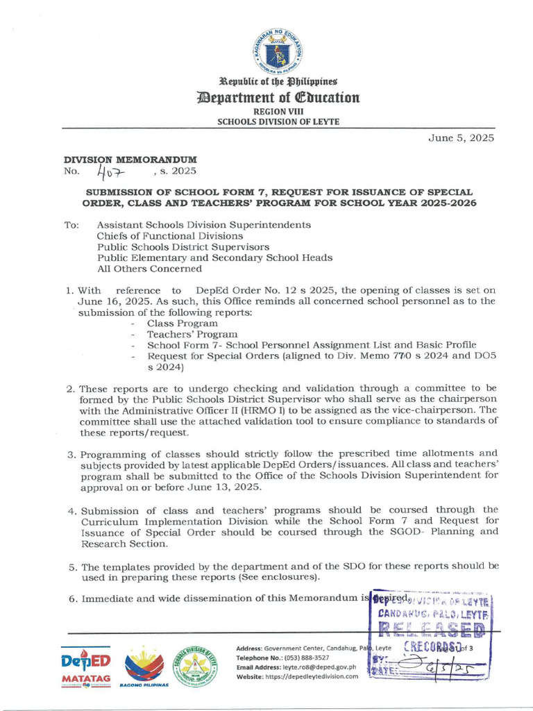 Div. Memo 407 Submission of School Form 7 Request For Issuance of Special Orders Class and ...