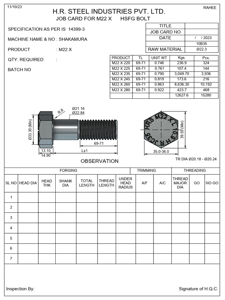 m22 Jc33 10.9 HR Bolt Job Card v10 | PDF
